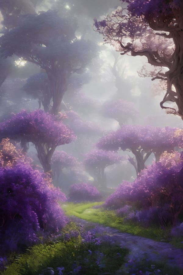 A Fabulous Forest with a Path and Purple Trees in the Sunlight Stock ...