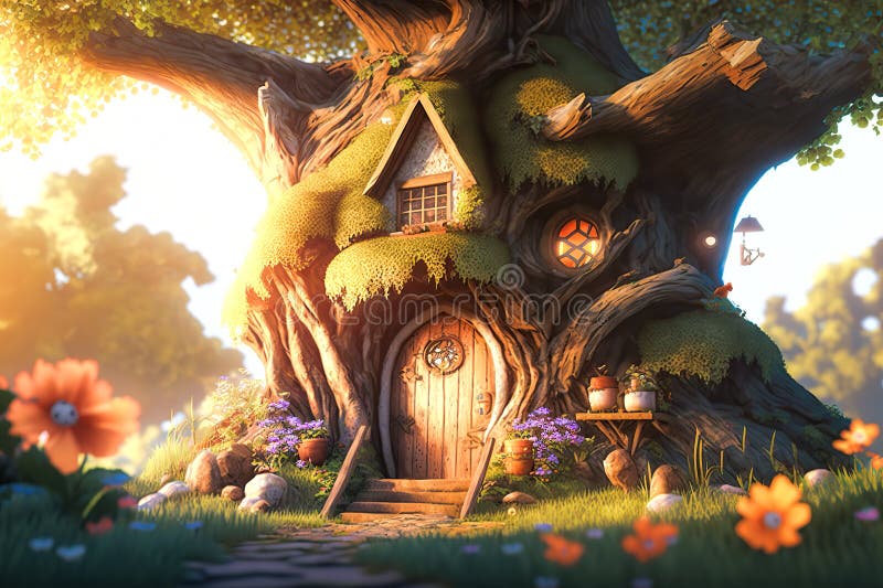 Fabulous House Inside a Mighty Sprawling Tree Stock Illustration ...
