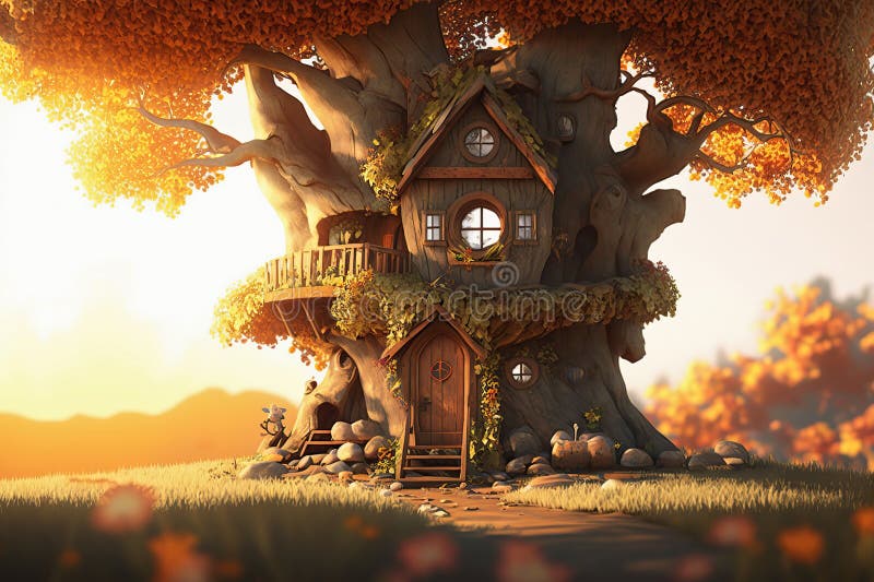 Fabulous House in a Mighty Old Sprawling Tree in the Autumn Forest ...