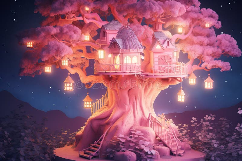 Fabulous House in the Pink Tree from Generative Ai Stock Illustration ...