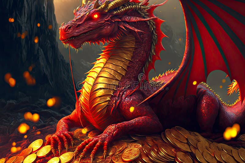 Fabulous Monster in Form of Red Dragons Guarding Gold Coins Stock ...