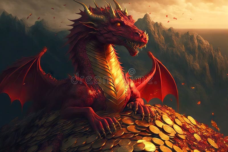 Fabulous Monster in Form of Red Dragons Guarding Gold Coins Stock ...