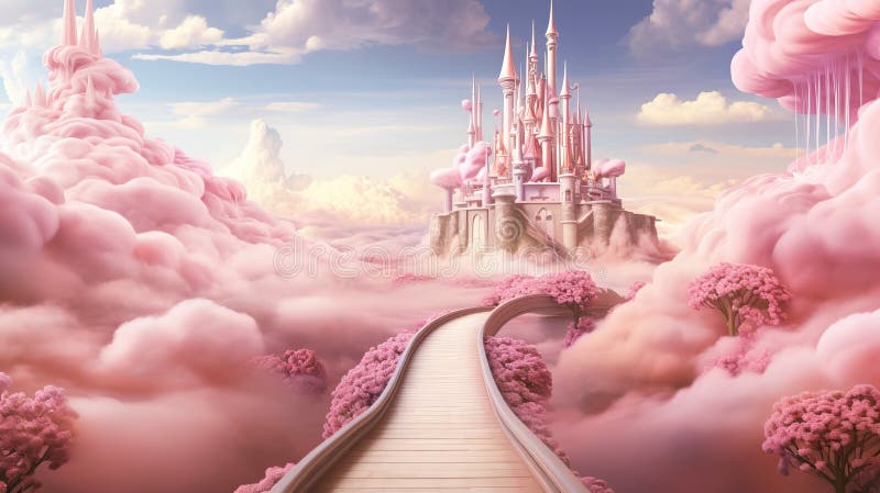 A Fabulous Pink Castle with a Path of Lush Flowers and Cotton Candy ...