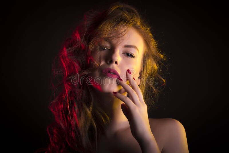 Fabulous Woman with Shadow on Her Face and Red Light Stock Photo ...