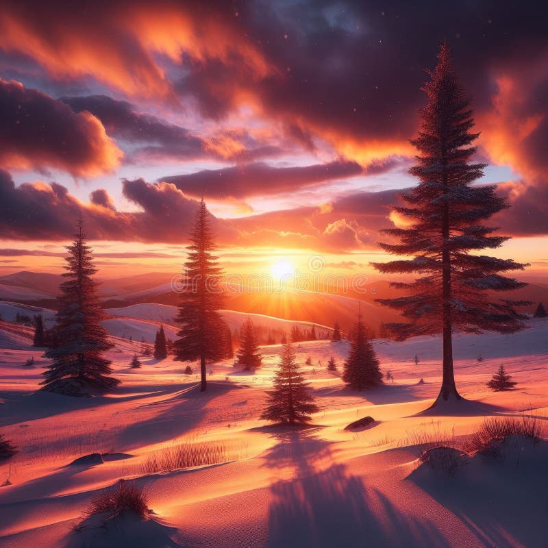 A Fabulously Beautiful Winter Landscape at Sunset Stock Illustration ...