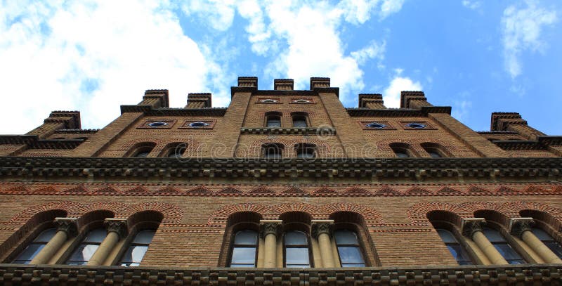 Facade of Ancient Brick Castle Tower Bottom View Stock Photo - Image of ...