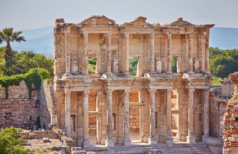 Facade of Ancient Celsius Library in Ephesus Stock Image - Image of ...