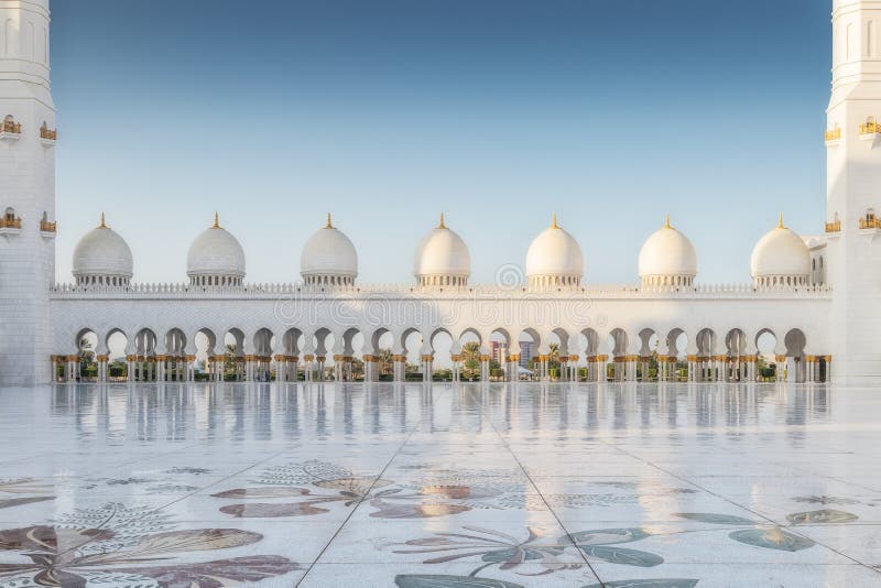 Facade of Arabic Mosque in Abu Dhabi with Sunset Light. Great Mosque ...