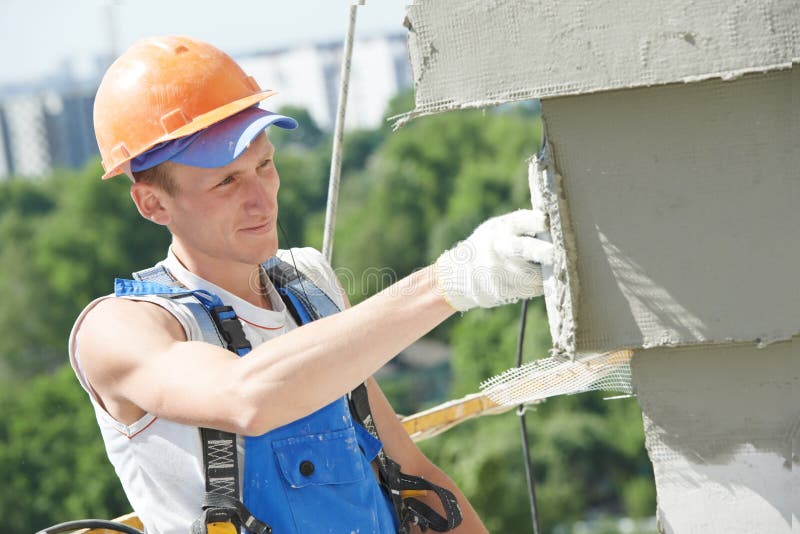 Facade Builder Plasterer at Work Stock Photo - Image of plastering ...
