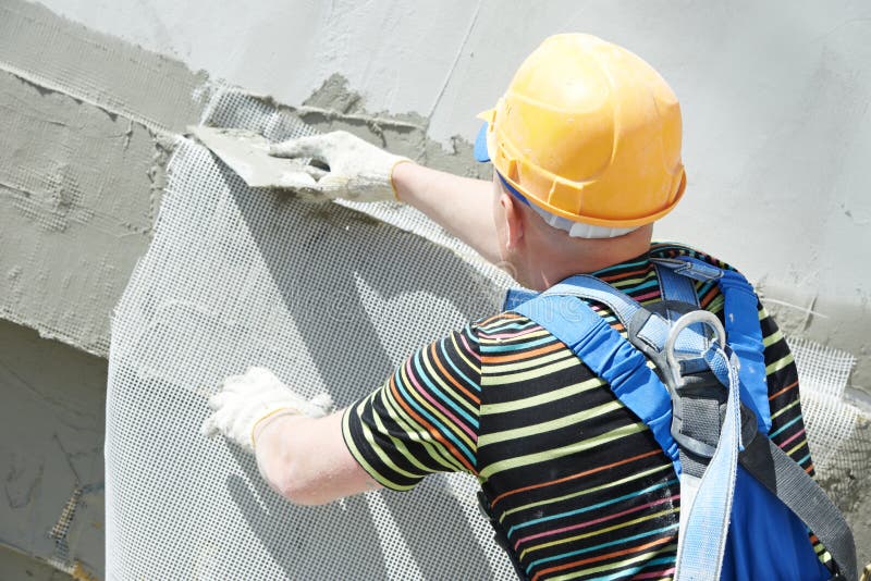 Facade Builder Plasterer at Work Stock Photo - Image of equipment ...