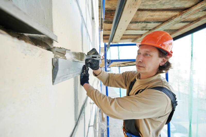 Facade Builder Plasterer at Work Stock Image - Image of craftsman ...
