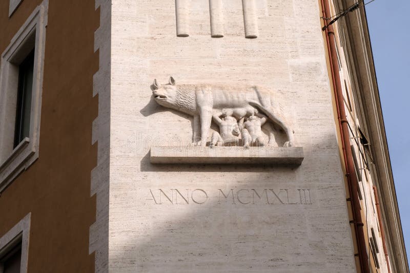 Facade of a Building with she-wolf with Remus and Romulus Editorial ...