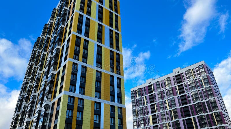 Facade of the Building in Yellow and Orange Colors, Geometric Patterns ...