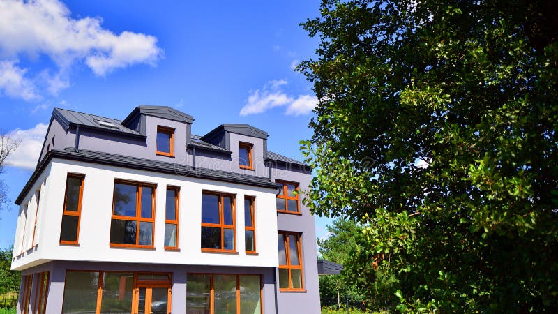 Facade of Detached House on Sunny Day Stock Image - Image of fence ...