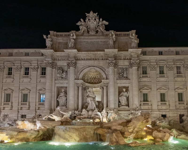Facade of the Famous Trevi Fountain Night View Illuminated. Stock Image ...