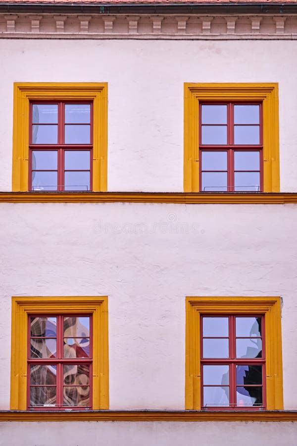 Red Framed Windows in Log House Wall Architecture Stock Photo - Image ...