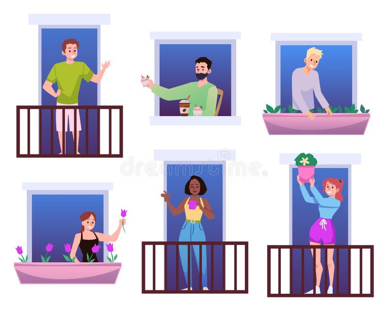 Facade with Friendly Neighbors in Windows and Balconies Flat Vector ...