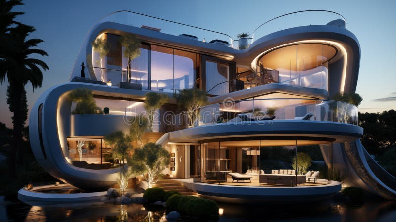 Facade Futuristic Elegant Home Featuring Large Windows, Modern Tech ...
