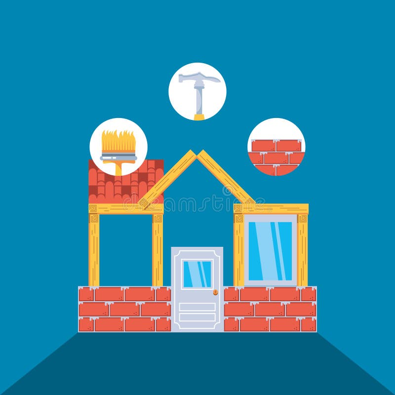 Facade of House Under Construction with Set Tools Stock Illustration ...