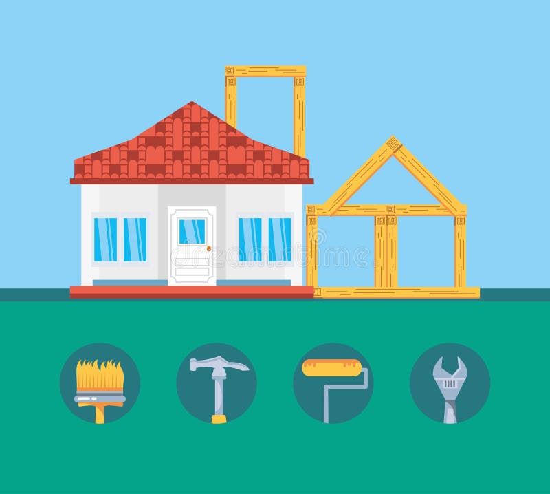Facade of House Under Construction with Set Tools Stock Illustration ...