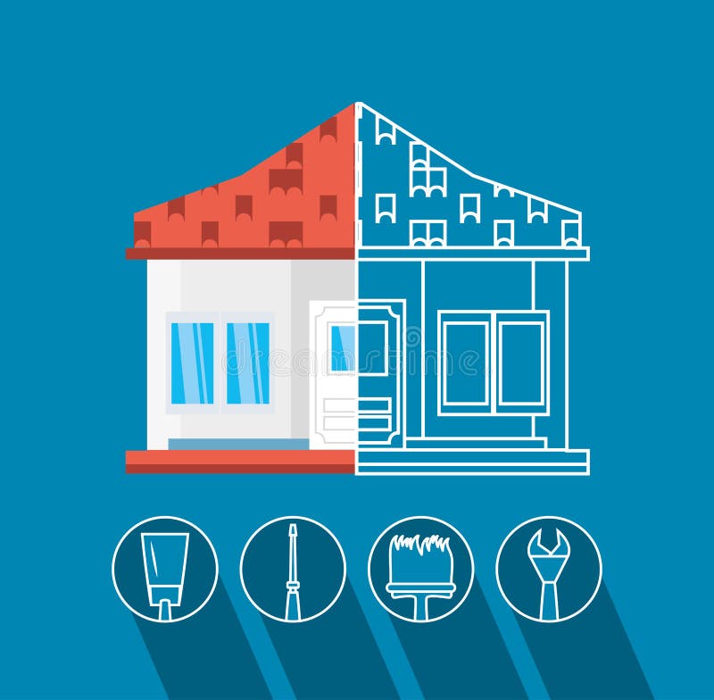 Facade of House Under Construction with Set Tools Stock Illustration ...