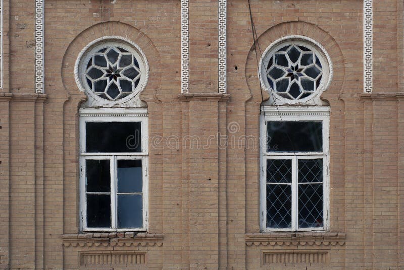Facade of an Old Historical Building. Brick Wall, Two Windows with ...