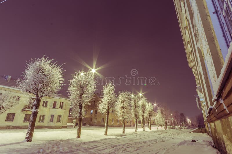 Facade of Old School Building. Winter Landscape. Night. Stock Photo ...