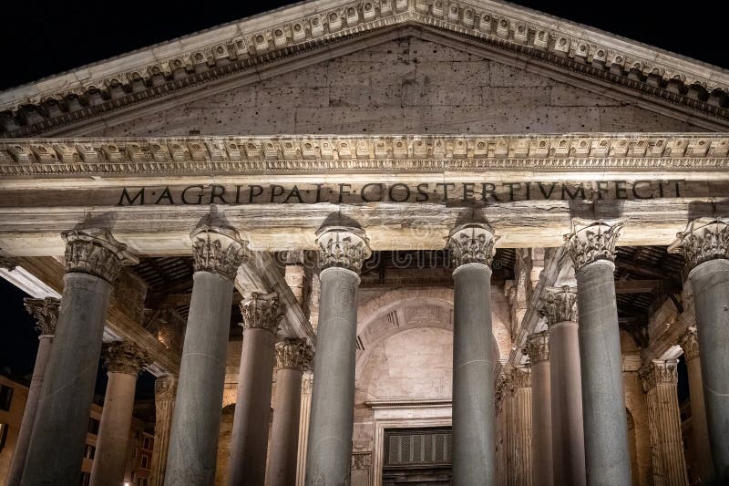 Facade of Pantheon Building in Rome, Italy at Night. Front of the ...
