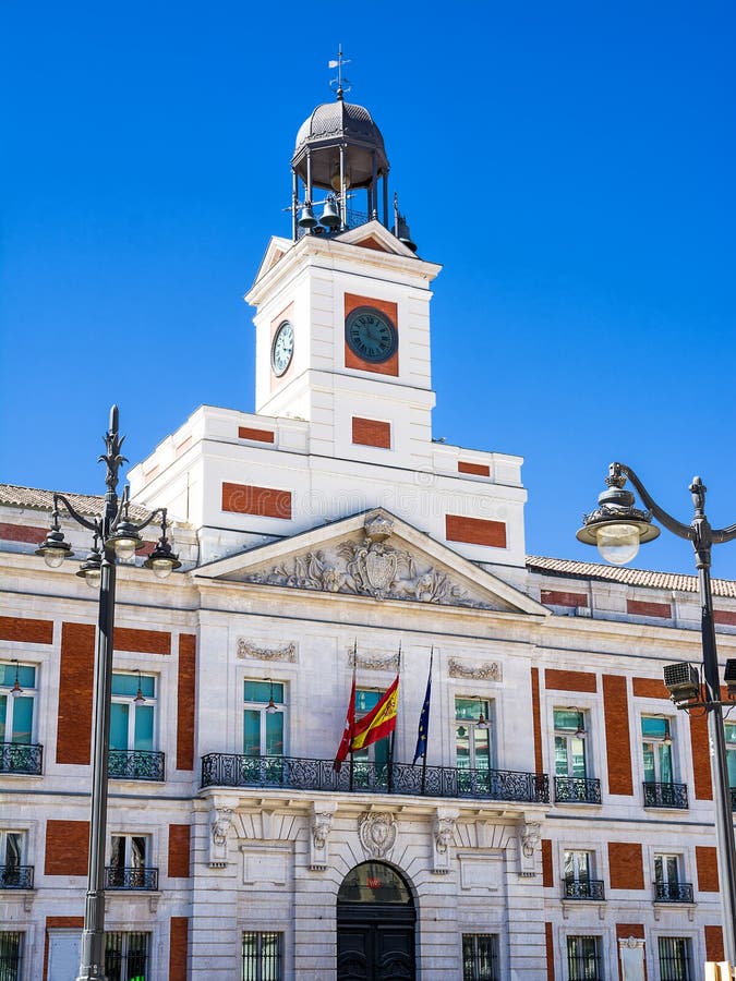 Facade of the Post Office Royale Building in the Sol Square in Madrid ...