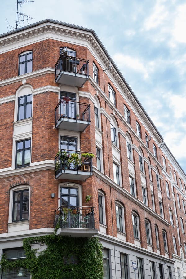 Facade of Red Brick Building with Balconies, Copenhagen Stock Photo ...