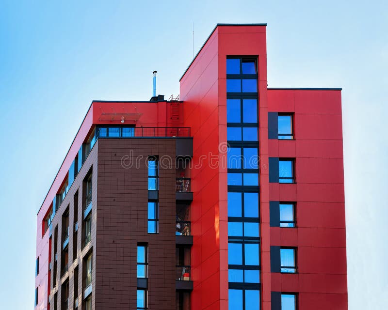 Facade of Red Modern Apartment House Copy Space Stock Image - Image of ...
