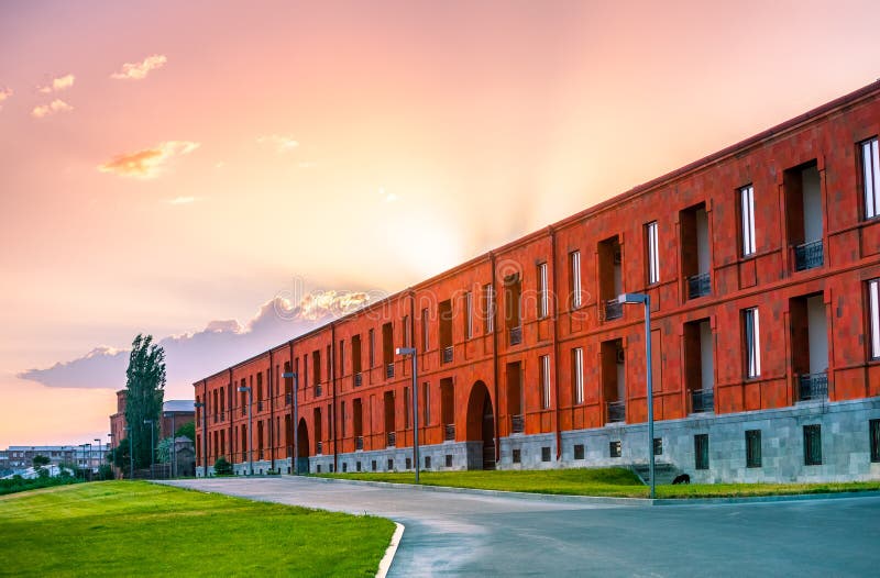Facade of Red Modern Building Stock Image - Image of cloud, background ...