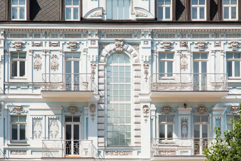 Facade of Retro Building with Many Windows Stock Image - Image of pink ...