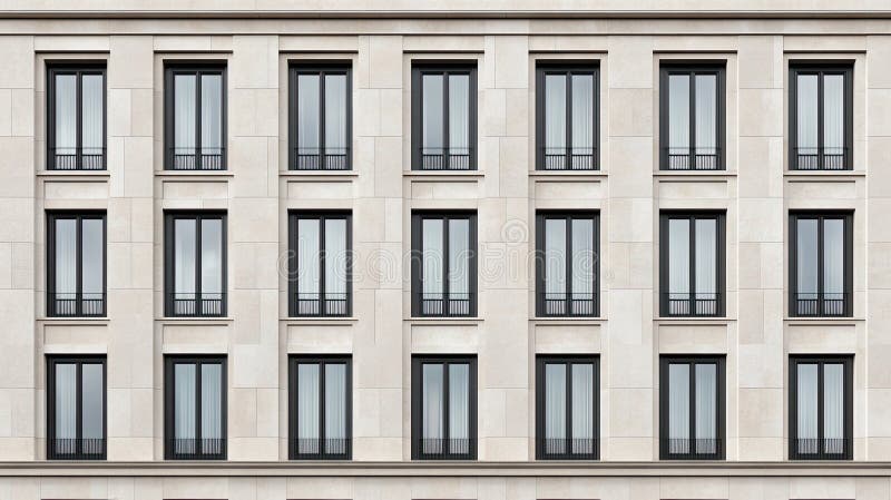 The Facade Showcases Light Beige Stone, Black-framed Windows, and ...