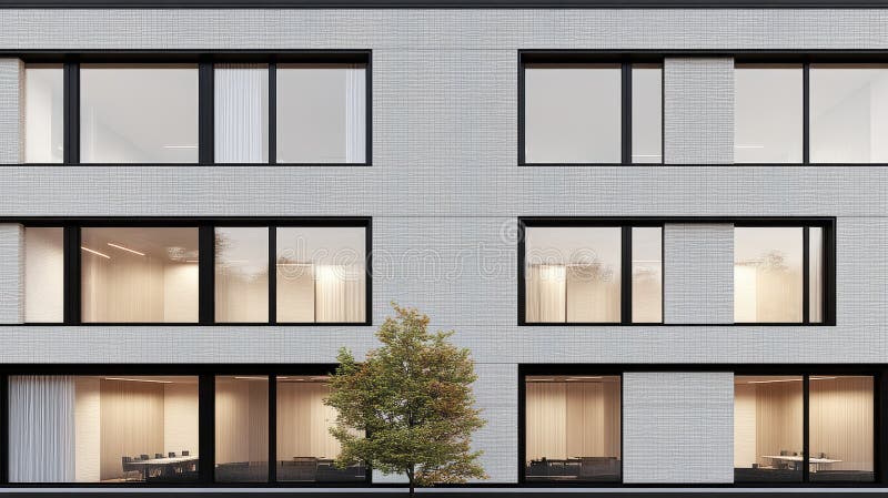The Facade Showcases Light Beige Stone, Black-framed Windows, and ...