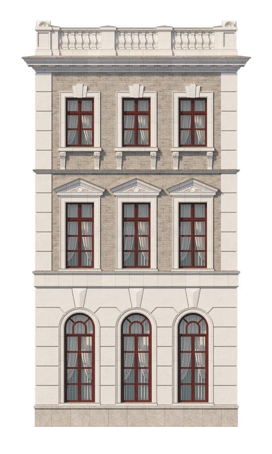 Facade of a Three-story Classic House with Windows. 3D Rendering Stock ...