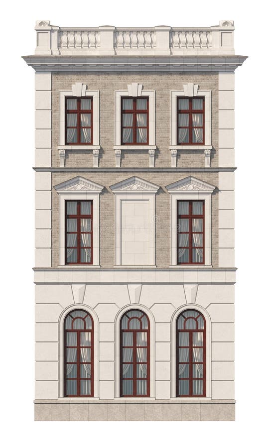 Facade of a Three-story Classic House with Windows. 3D Rendering Stock ...
