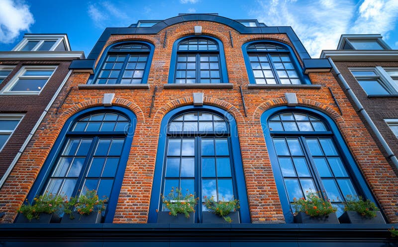 Facade of Typical Dutch House with Blue Windows and Red Bricks in ...