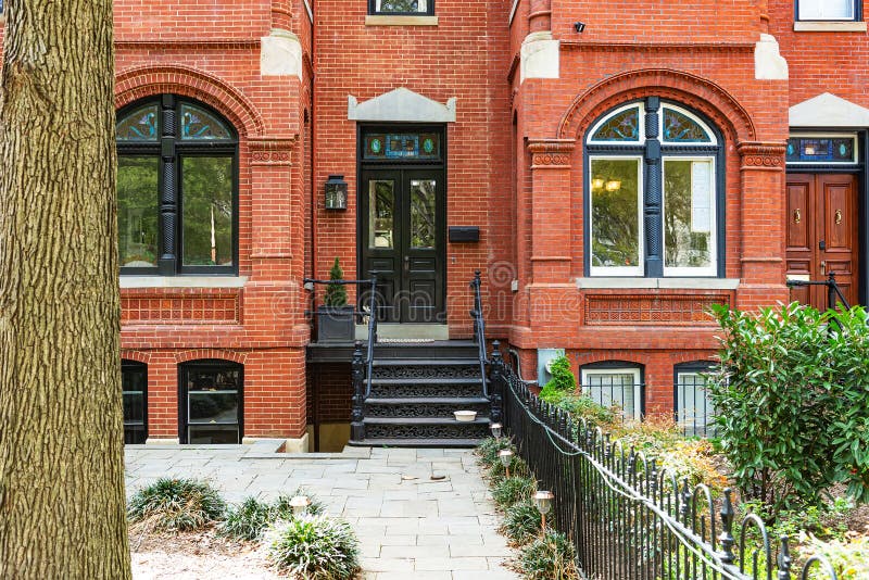 Facade of a Typical Row Townhouse, Brick Walkway in Downtown Washington ...