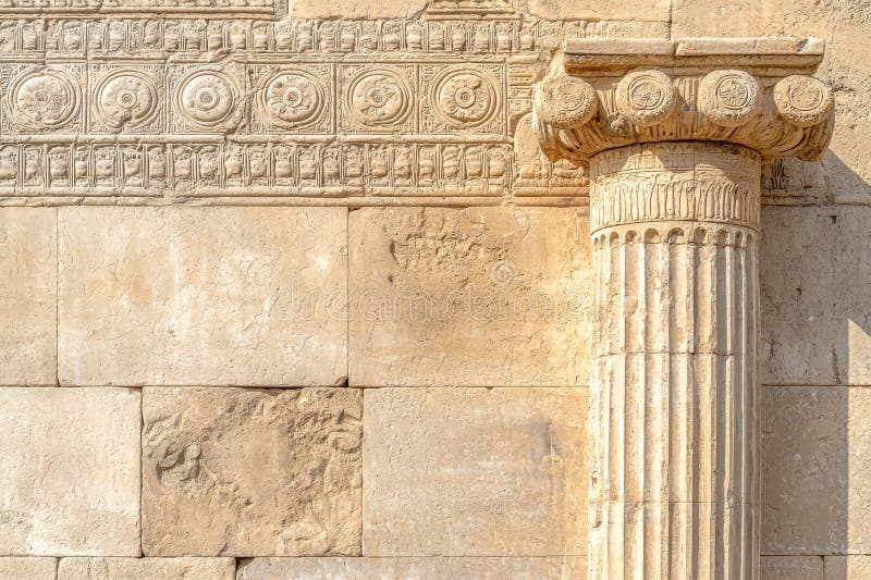 The Facade of a Wall is Adorned with Columns with Floral Bas-reliefs. a ...