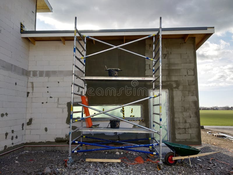 Facade of White Block Building Under Construction Works Stock Photo ...