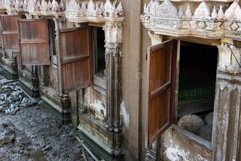 The Facade with Windows of the Old Building at Buddhist Temple Wat Khun ...