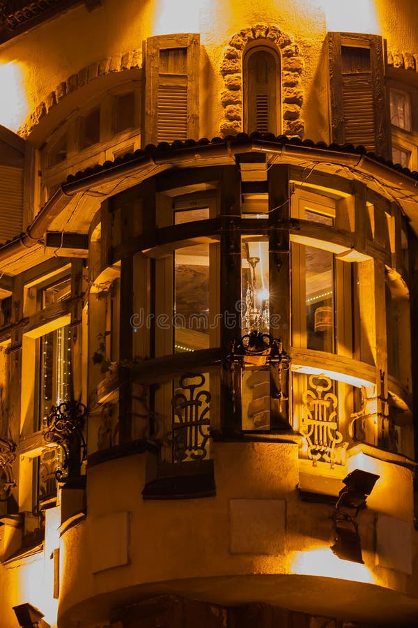 Facade of Wooden House with Big Windows Frames Old Town in the Evening ...