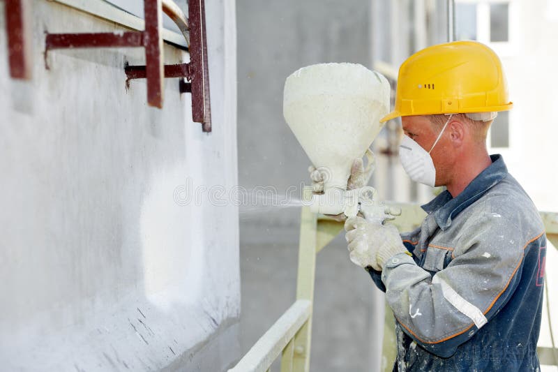 Facade Work. Worker Painting by Spreading White Paint Stock Image ...