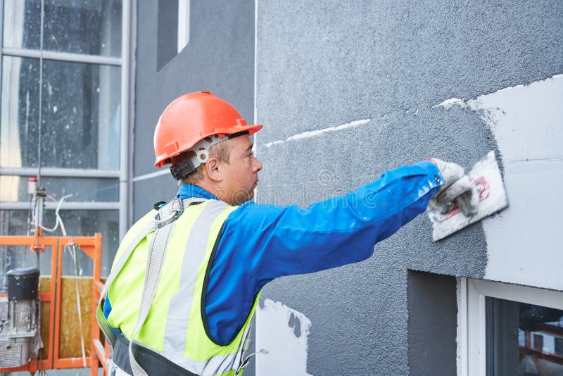Worker at Plastering Facade Work Stock Photo - Image of roller, builder ...