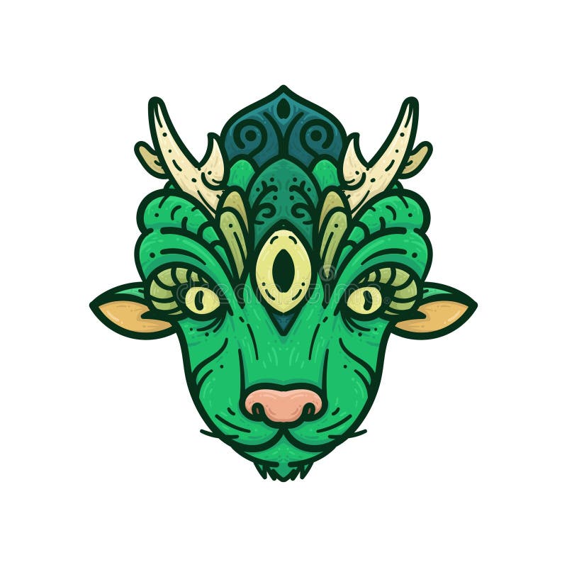 Green Three Eye Goat Lamb Monster Mythology Beast Face Design Stock ...