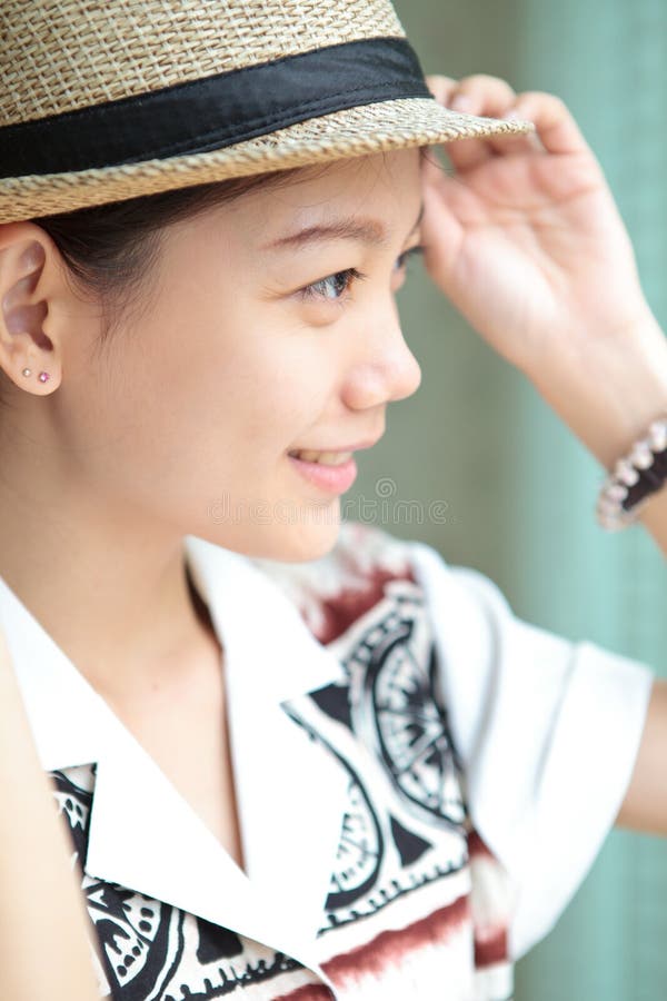 Face of Asian Woman Wearing Straw Hat Stock Photo - Image of face, cute ...