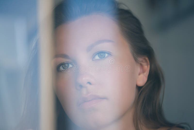 Face of Attractive Young Woman Behind the Glass Stock Image - Image of ...