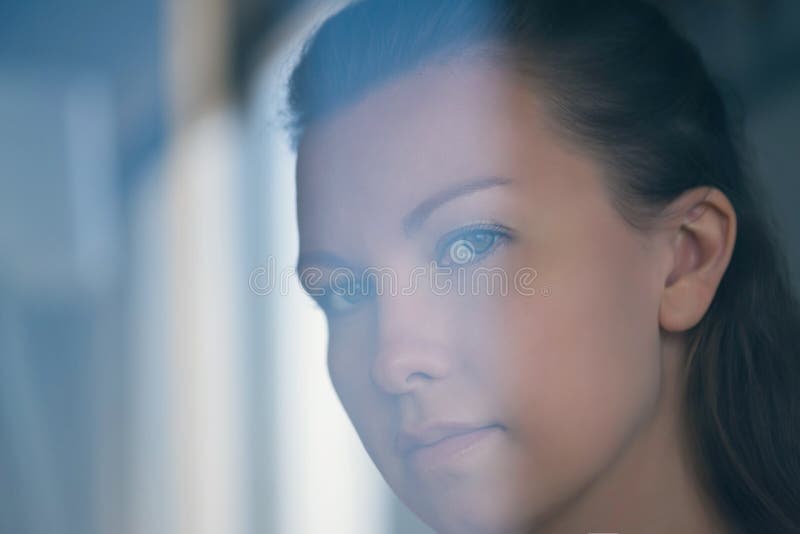 Face of Attractive Young Woman Behind the Glass Stock Image - Image of ...