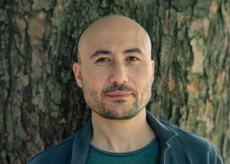 Face of a Bearded Serious Bald Man in the Park Stock Image - Image of ...